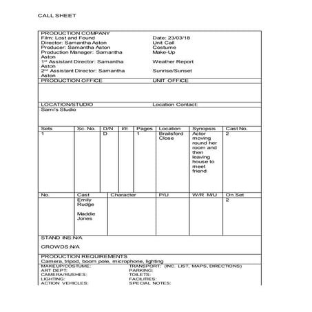 Cast and crew call call sheet template micheal | PDF