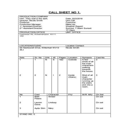 Call sheet-no 1 | PDF