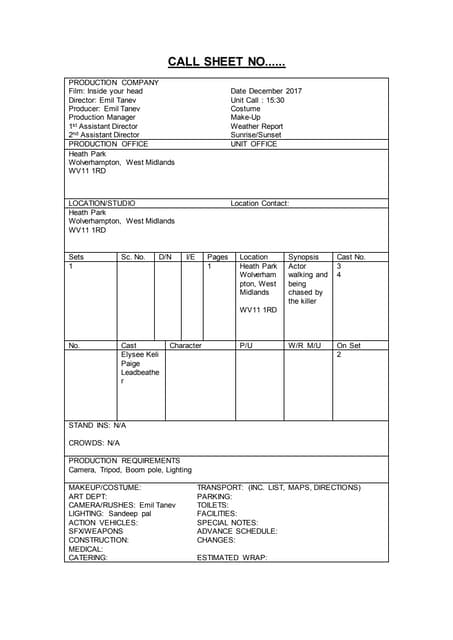 5 call sheet (1) | PDF