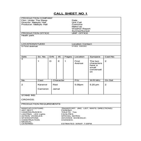 Call sheet-no 3 | DOCX