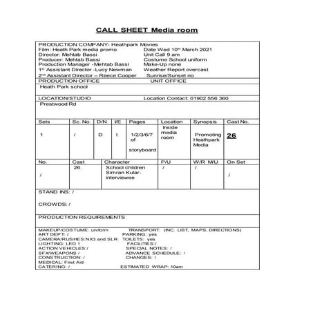 Call sheet-no1 | PDF