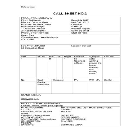 Call sheet-no 1 | DOCX