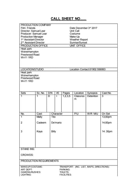 5 call sheet (1) | PDF