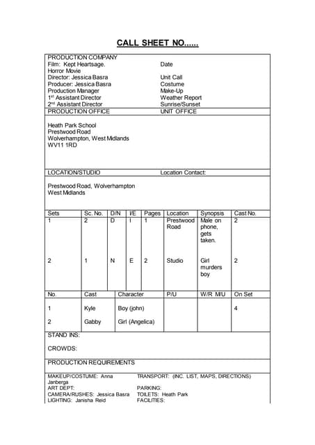 13. call sheet 12:2:18 | PDF