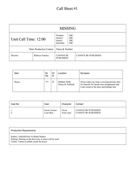 Call sheet- Music Video