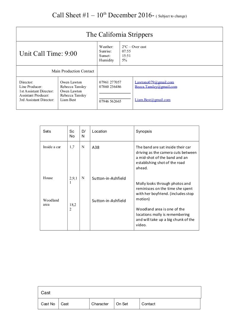 Call sheet- Music Video