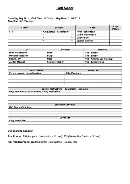 Call sheet 2 | DOCX