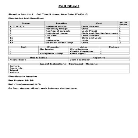 Call sheet1 | PDF