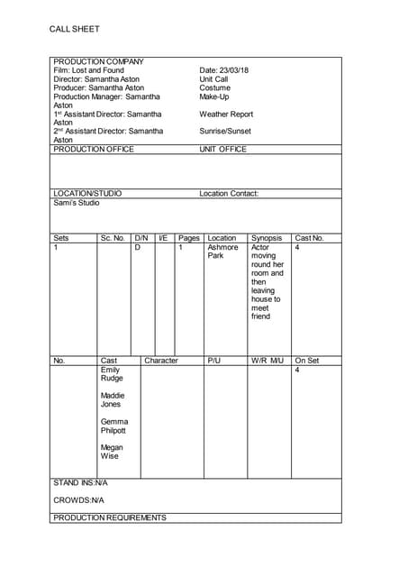 Call sheets | DOCX