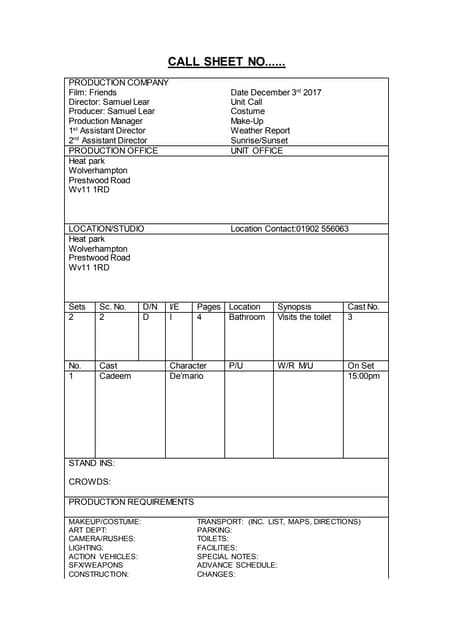 5 call sheet (1) | PDF