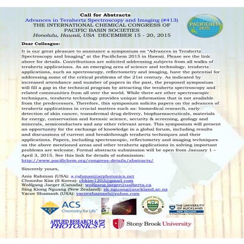 Call for abstracts pacifichem 2015 terahertz symposium | PDF | Chemistry | Science