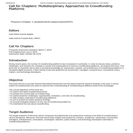 Call for chapters multidisciplinary approaches to crowdfunding platforms igi global | PDF