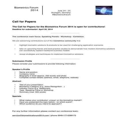 Biometrics Forum 2014 - Call for Papers | PDF
