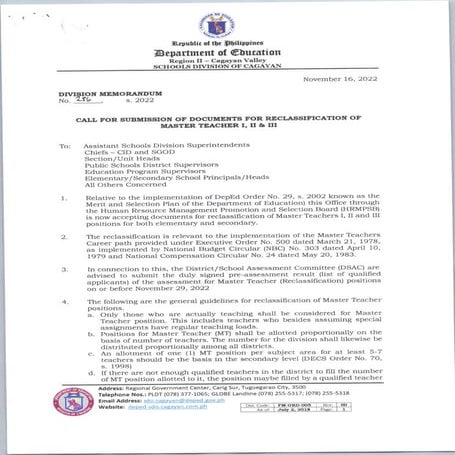 CALL FOR SUBMISSION OF DOCUMENTS FOR RECLASSIFICATION OF MASTER TEACHER ...