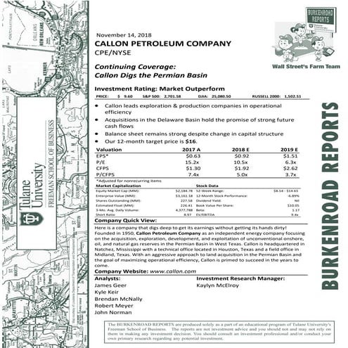 Callon Petroleum (CPE) - Burkenroad Reports - Fall 2018 | PDF