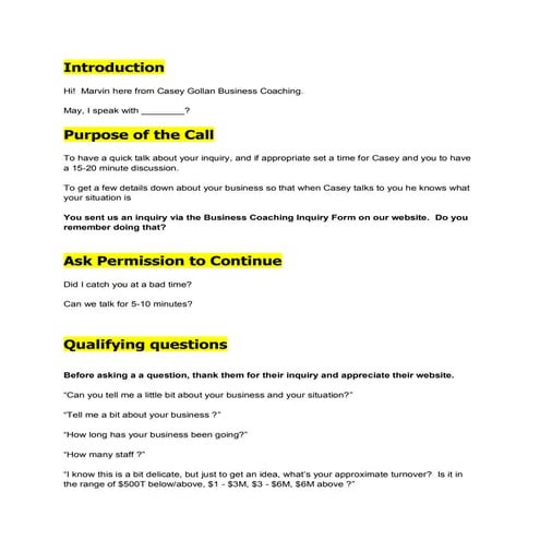 Call Flow for Casey Gollan Business Coaching Enquiry | PDF