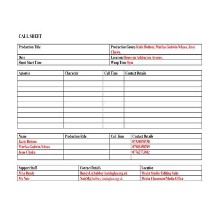 Call Sheet | PPT