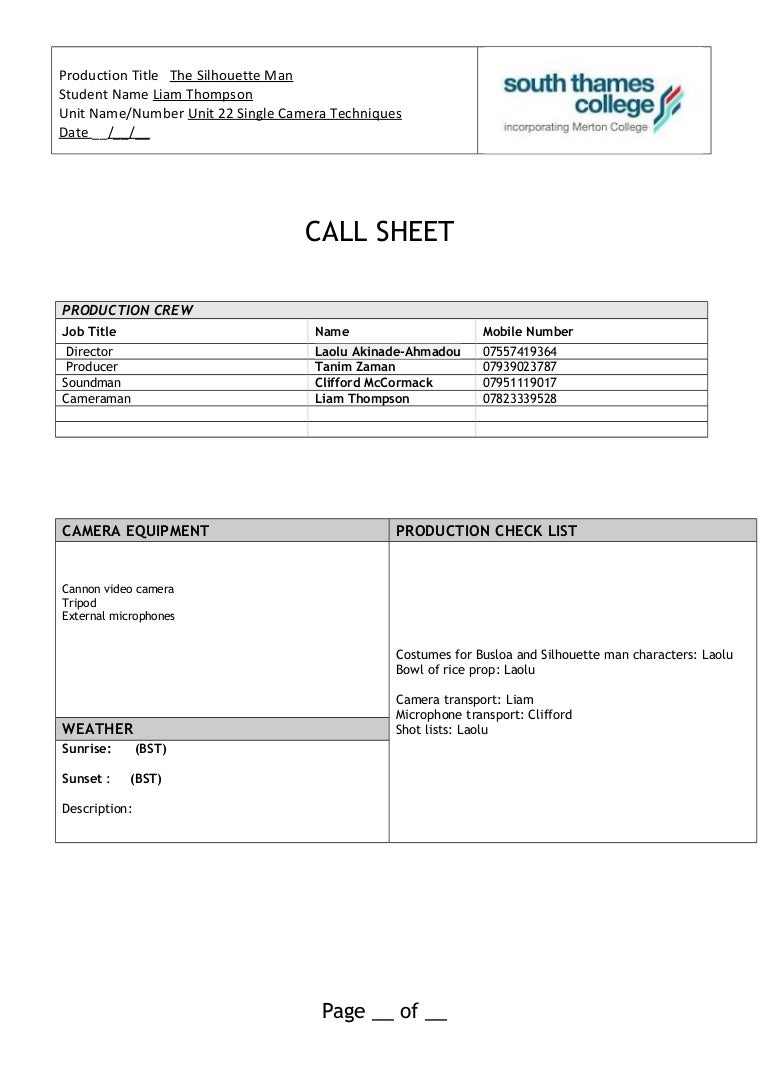 Call sheet 1-1