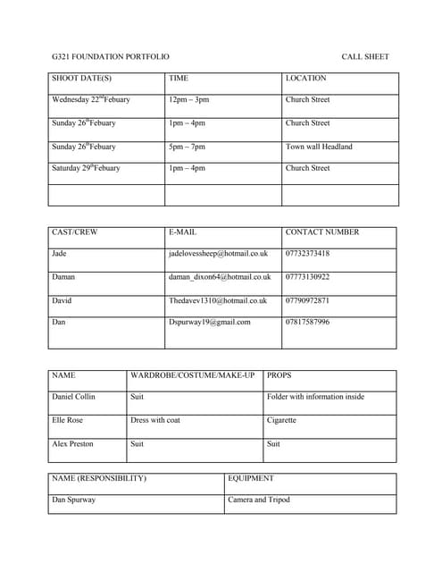 Callsheet media | DOCX
