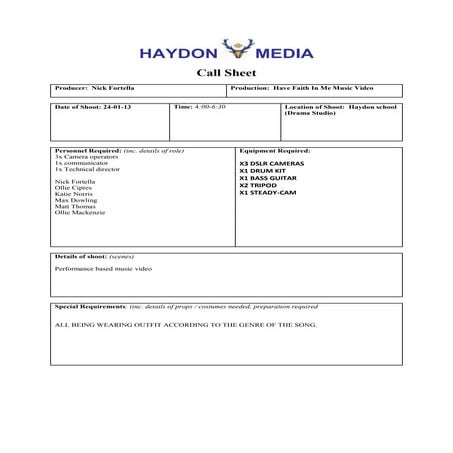 Call sheet | DOCX