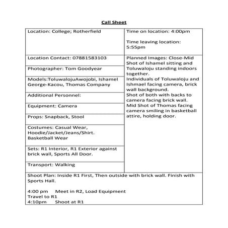 Call sheet | DOCX