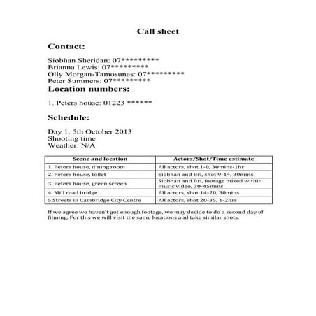 Call sheet | PDF