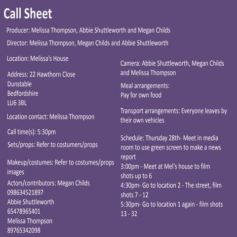 Daily call sheet day 1 and 2 | DOC