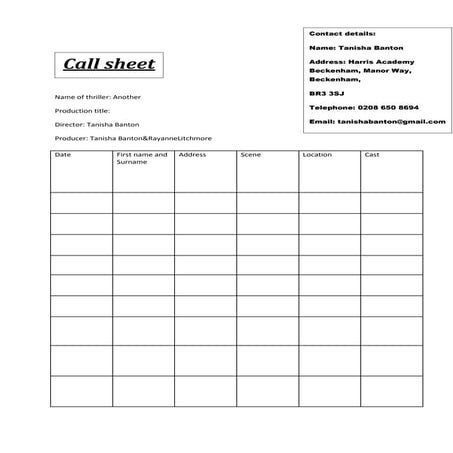 Call sheet | DOCX