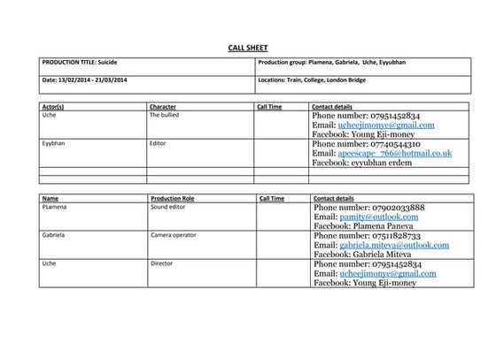 Daily call sheet day 1 and 2 | DOC