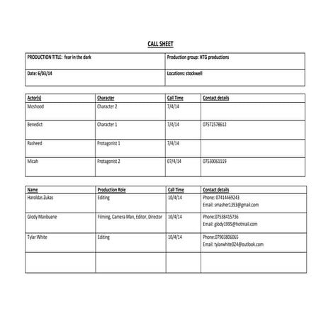 AS Media Production Call Sheet | DOCX