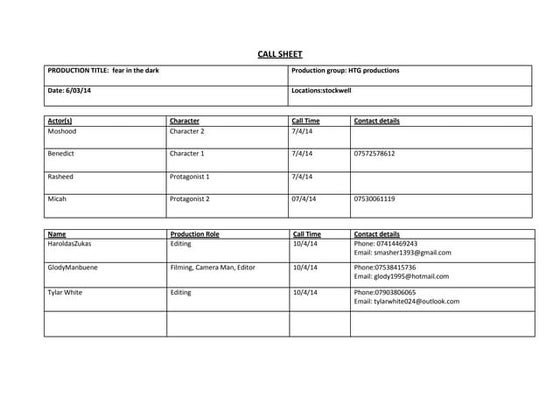 ELRON OF EGHAM - CALLSHEET 2 Crew | PDF