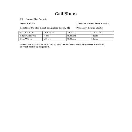 Call Sheet | DOCX | Women\'s Clothing | Women\'s Fashion