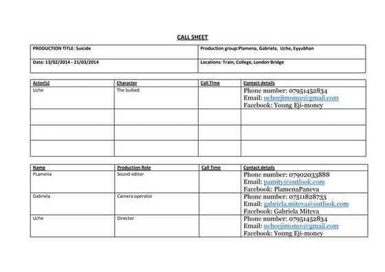 Daily call sheet day 1 and 2 | PDF