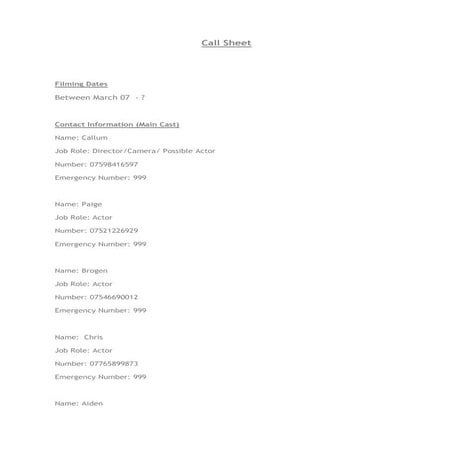 Call sheet | DOCX