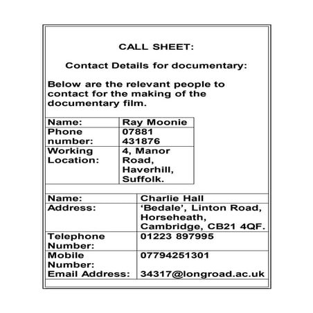Call sheet | DOCX | Documentary | Genres