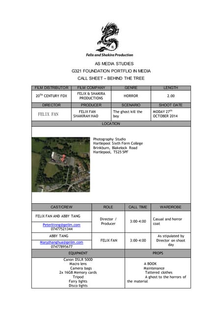 Call sheet for Film | DOCX