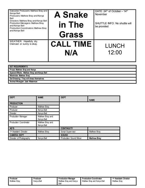 Callsheet for My Magazine | PDF