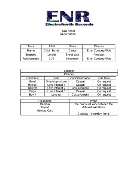 Call sheet | DOCX