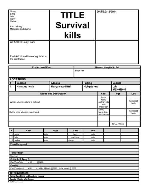 Callsheet for My Magazine | PDF