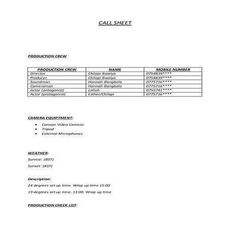 Call sheet | DOCX | Documentary | Genres