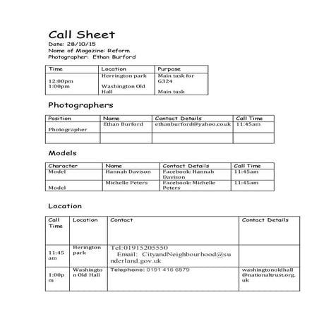 Call sheet | PDF