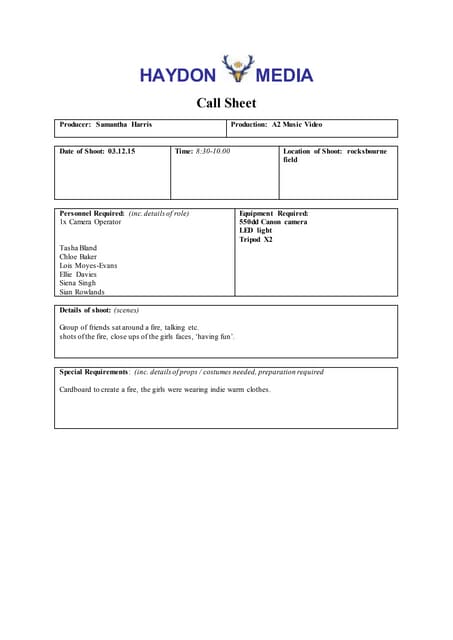 Call sheet 1 | DOCX | Cameras and Camcorders | Consumer Electronics