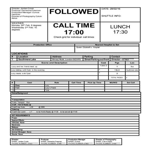 Call sheet | DOCX | Video Production | Content Production