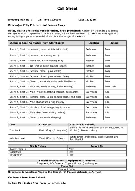 Daily call sheet day 1 and 2 | DOC