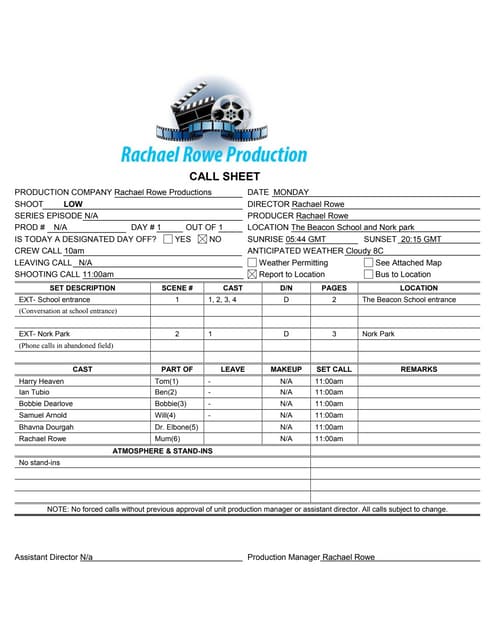 Daily call sheet day 1 and 2 | DOC