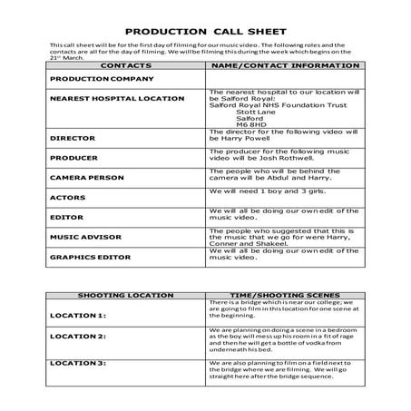 Call sheet | DOCX