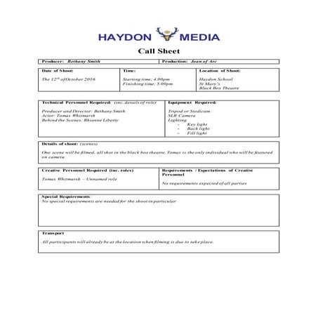 Call sheet 1 | DOCX