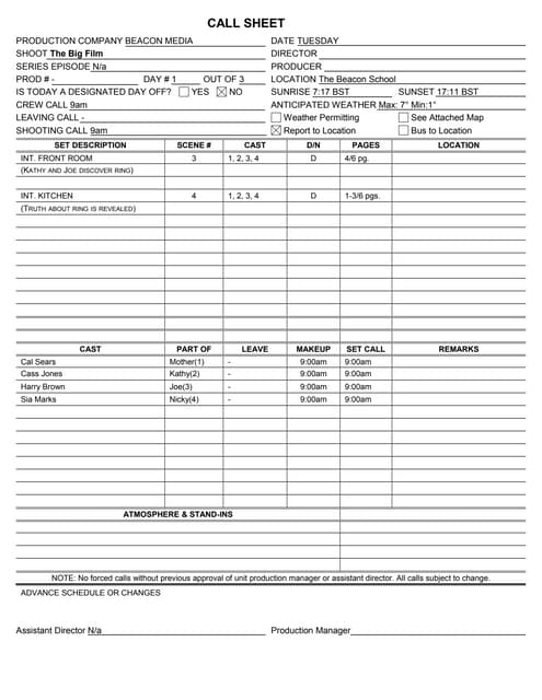 Pick Up Call Sheet | PDF