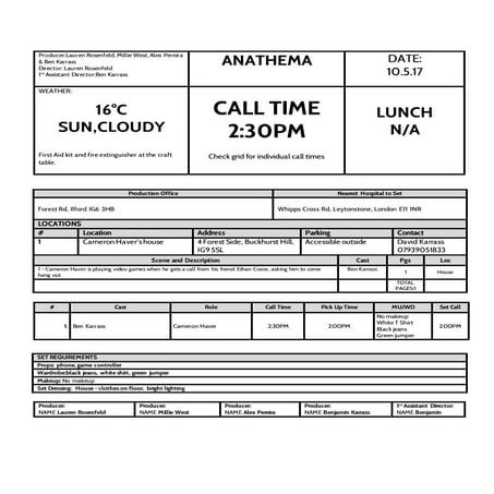 Daily call sheet day 1 and 2 | DOC