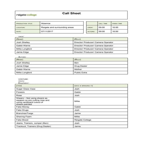 Call sheet | PDF